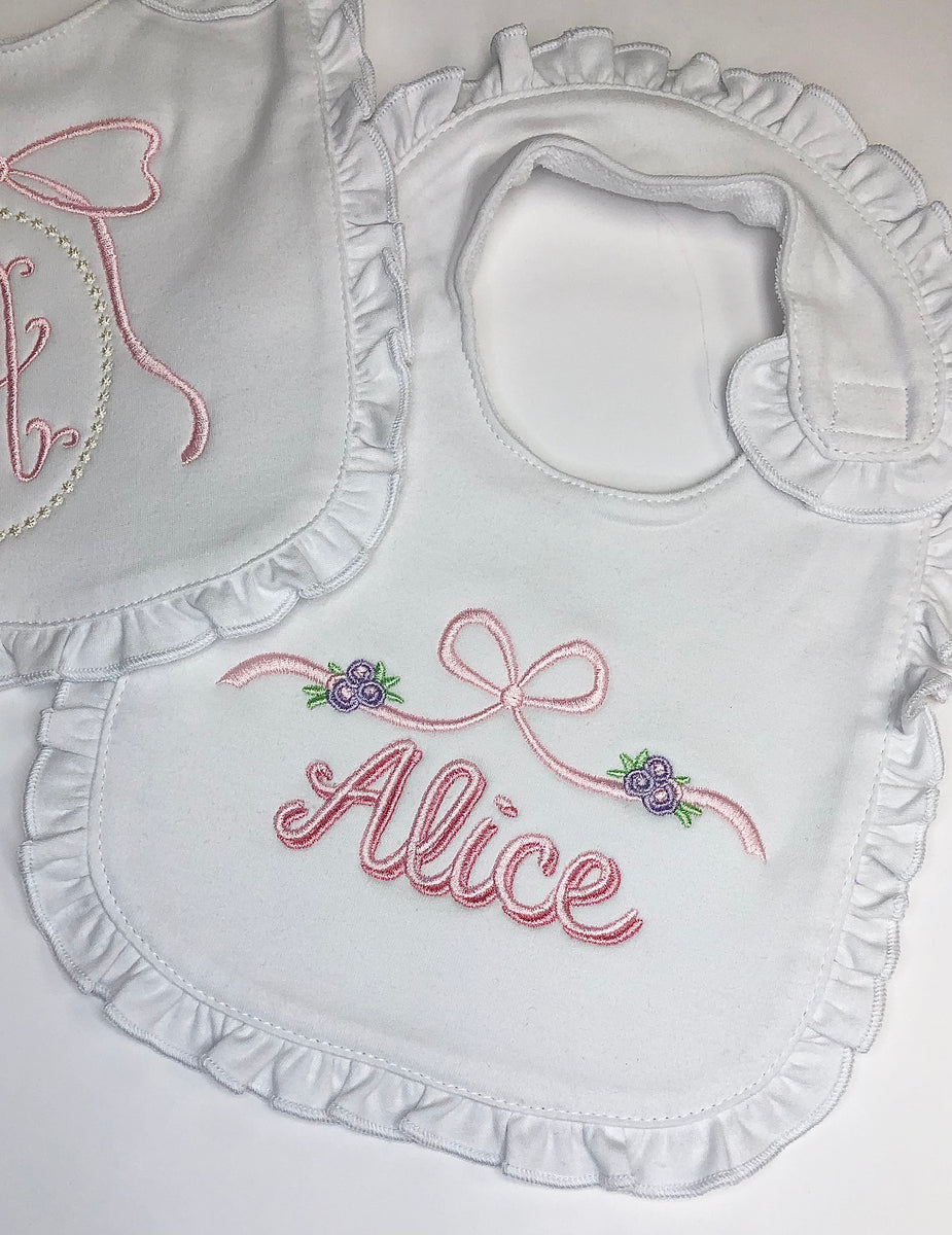 White Ruffle Bib with 2 Color Name and Bow with Buds – Queen of Threads ...