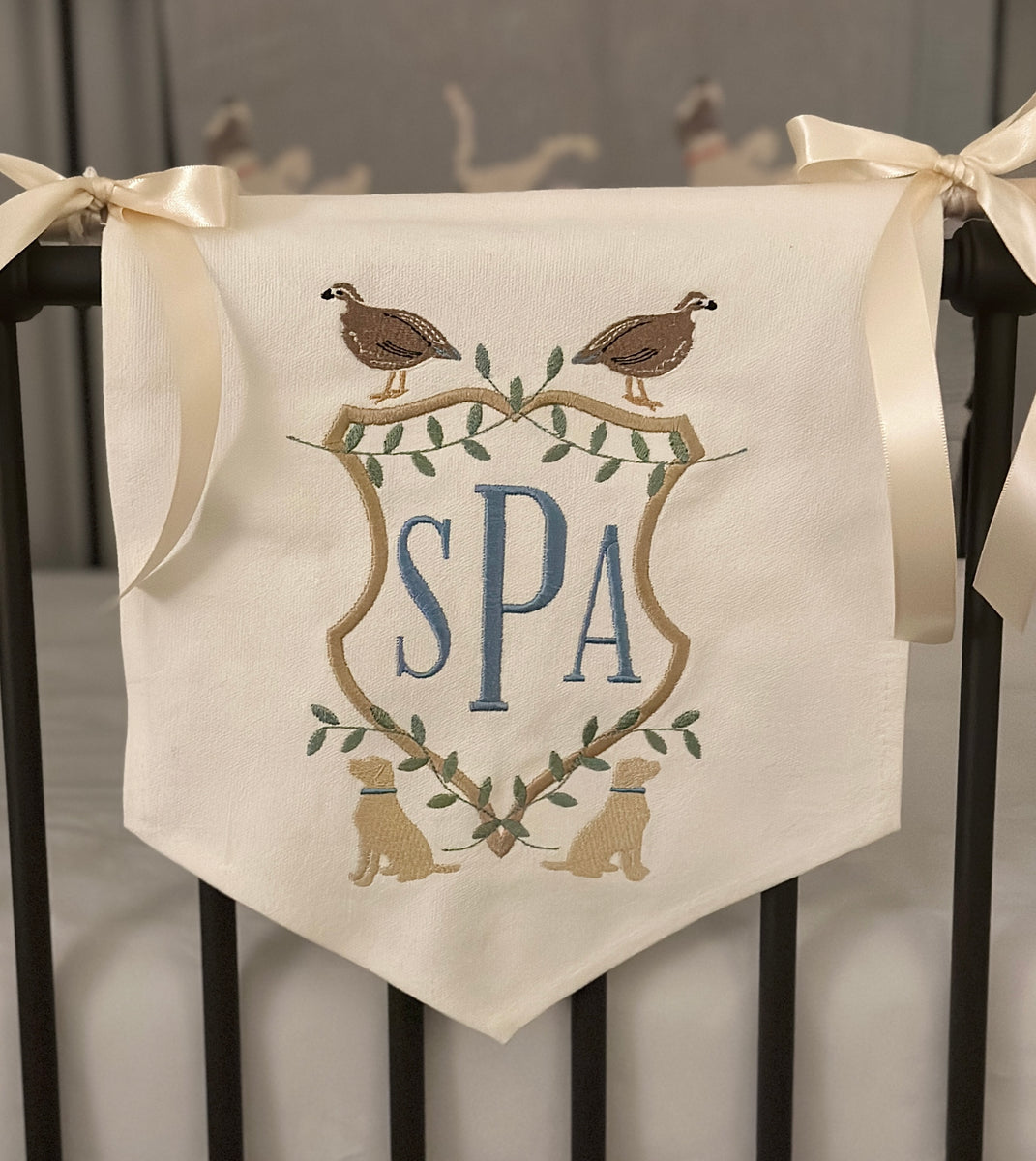 Sitting Lab and Quail Crest Baby Banner – Queen of Threads Monogramming